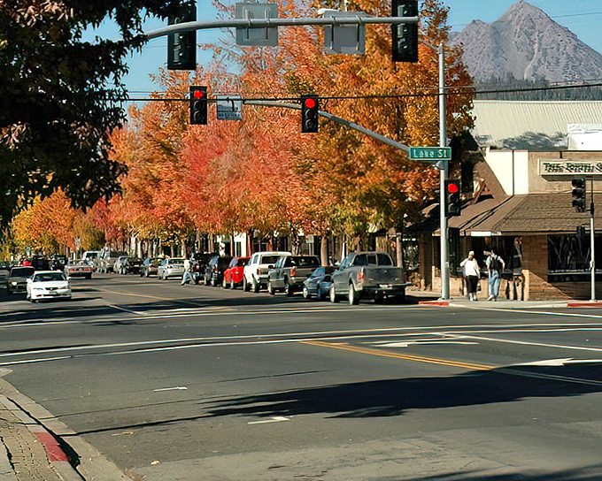 Fall foliage that makes you wonder if the trees coordinated their outfits with the traffic lights. Mount Shasta's natural runway of color.