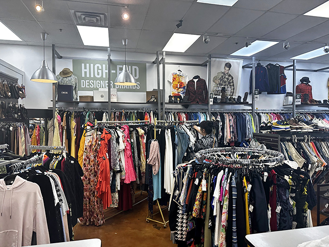 The men's section proves secondhand shopping isn't just for the ladies—quality shirts and jackets await style-conscious guys.