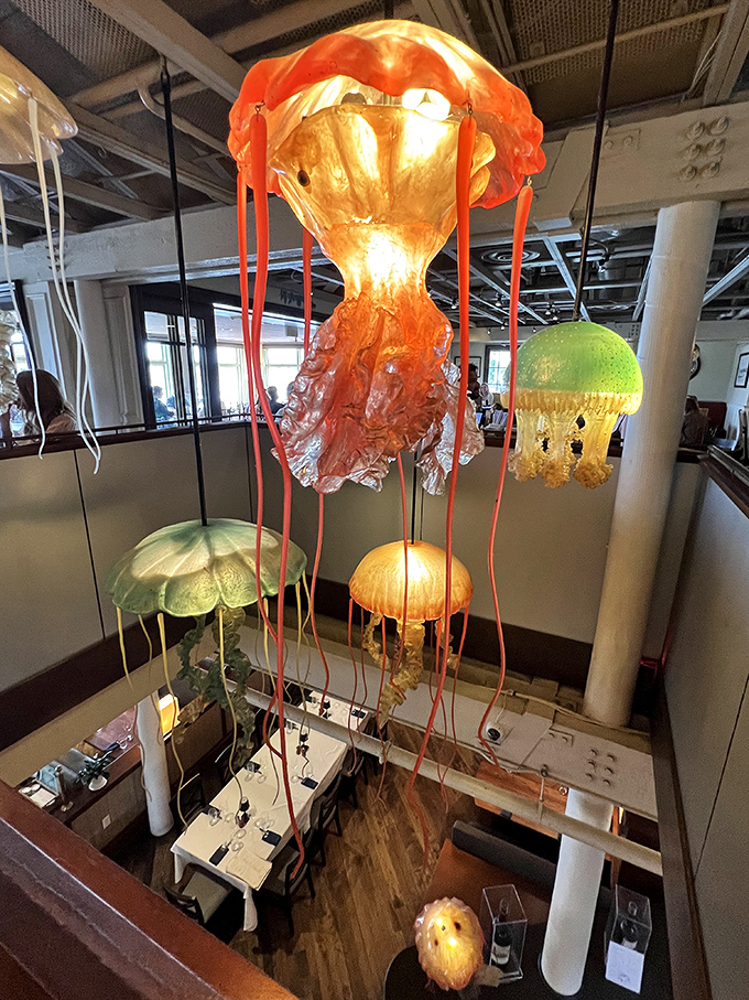 Looking up reveals a whimsical underwater world - jellyfish chandeliers dancing above diners, turning an ordinary ceiling into an oceanic fantasy.