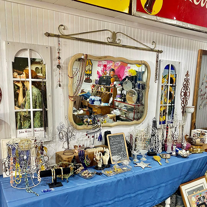 The jewelry station sparkles with vintage glamour, where someone's forgotten treasures become your new favorite accessories daily.