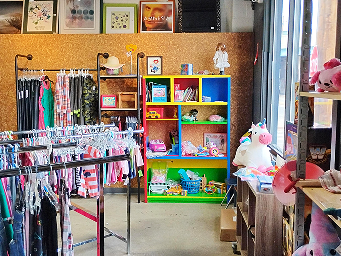 The children's section: where unicorns, bright colors, and barely-used toys get their second chance at bringing joy.