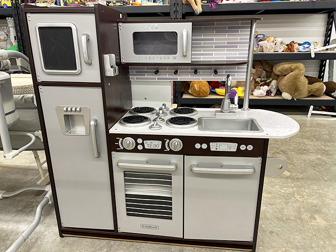 A child-sized kitchen that's nicer than my first apartment. Teaching kids the joy of make-believe cooking without the actual dirty dishes!