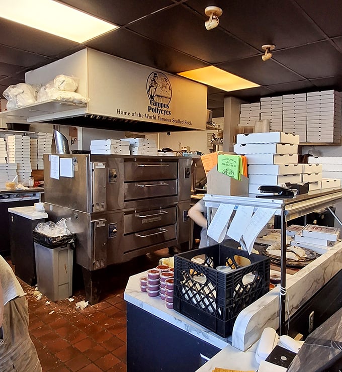 Where the magic happens! The kitchen at Campus Pollyeyes might not be fancy, but it's cranking out the stuff of collegiate dreams.