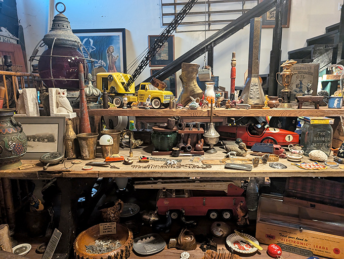 Vintage toys and collectibles create a miniature cityscape of nostalgia. Every shelf a neighborhood of memories from childhoods long past.