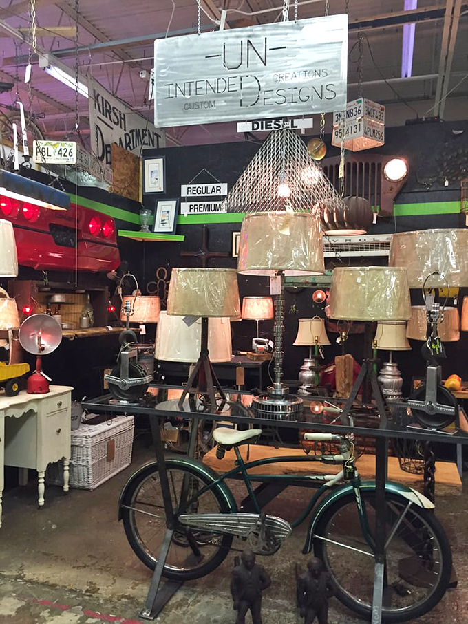 Vintage lamps and that classic bicycle create an eclectic display that screams "functional art meets nostalgia."