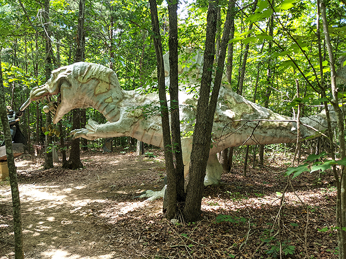 A pale dinosaur lurks between the trees, demonstrating why you should always look up when walking through Virginia forests.