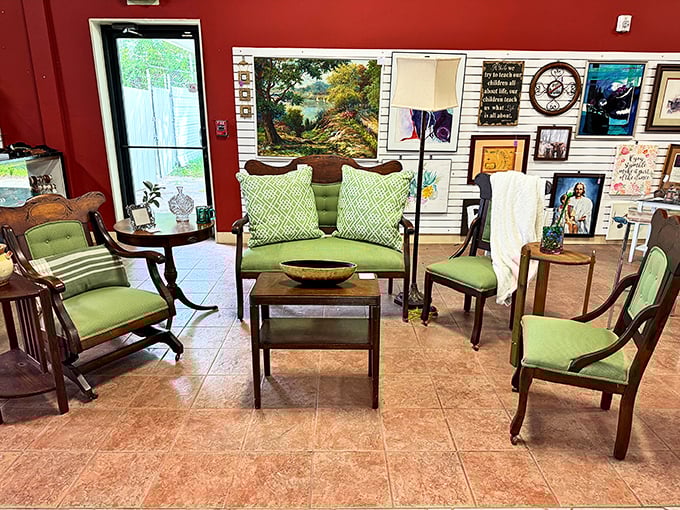 A living room vignette so perfectly staged you'll want to sink into that plush green furniture and stay awhile—maybe forever.