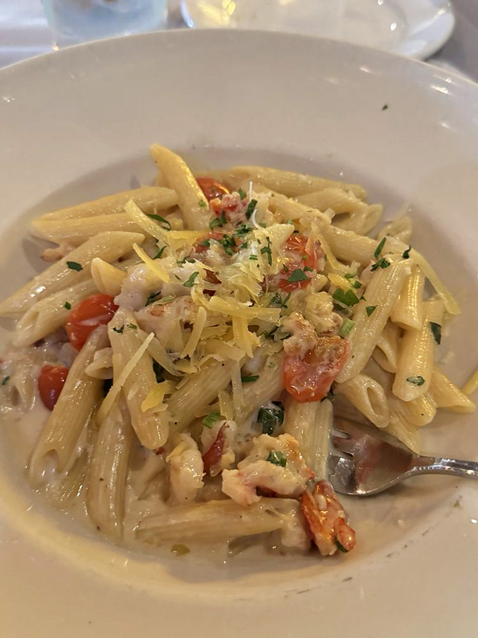 Pasta that's dressed better than most people at the Oscars &ndash; tender penne embracing shrimp and cherry tomatoes in a sauce that deserves its own fan club.