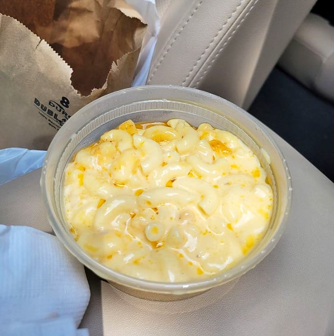 Creamy mac and cheese that's clearly not from a box &ndash; comfort in a container that begs to be savored.