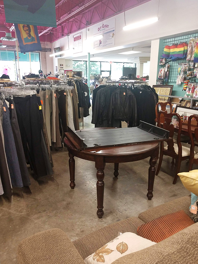 Men's section: where vintage leather jackets hang next to barely-worn designer pieces. The thrill of the hunt knows no gender.