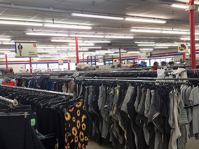 Men's clothing racks stretch into the distance, proving that style doesn't have to cost a fortune to look fantastic.