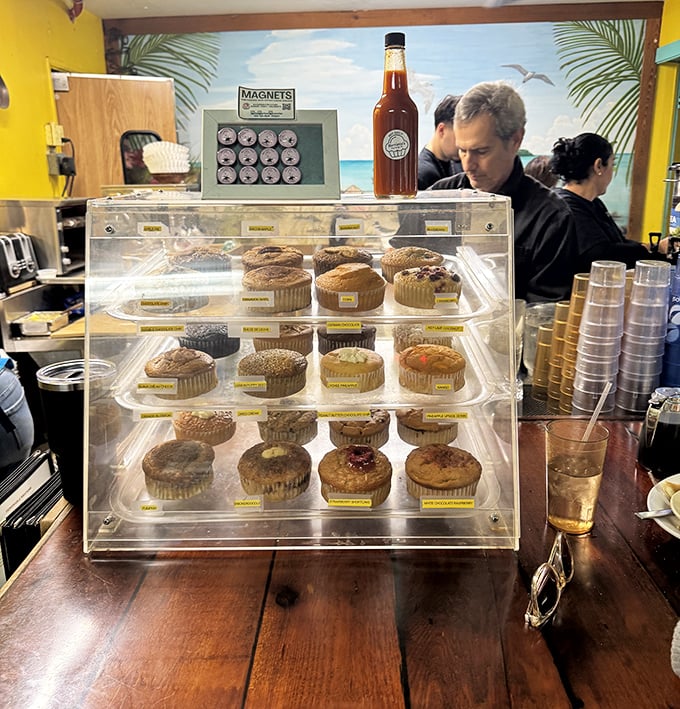 The muffin display case&mdash;Florida's version of Tiffany's jewelry counter, where each oversized creation beckons with its own unique charm and flavor profile.