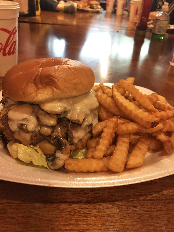 When mushrooms and Swiss meet beef, magic happens. This burger doesn't need a cape to be a superhero.