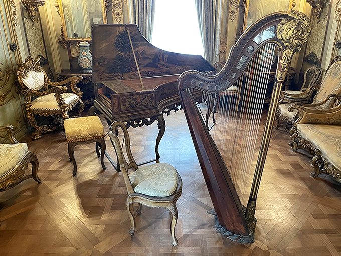 The music room where even your childhood piano teacher would be impressed. That harp has definitely seen better musicians than you.