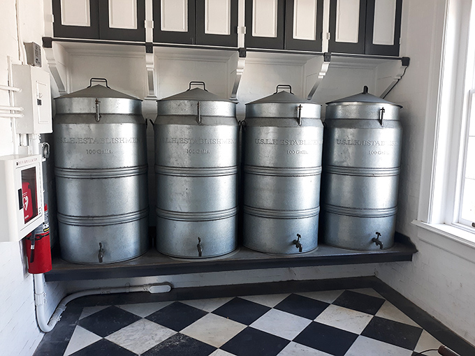 These vintage oil containers once fueled the lighthouse beacon &ndash; the maritime equivalent of keeping the coffee pot full for overnight shifts.