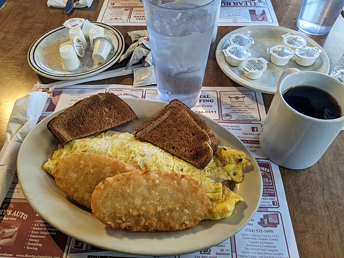 Breakfast perfection on a plate. That golden omelet and crispy hash brown would make even the most dedicated health guru temporarily abandon their principles.