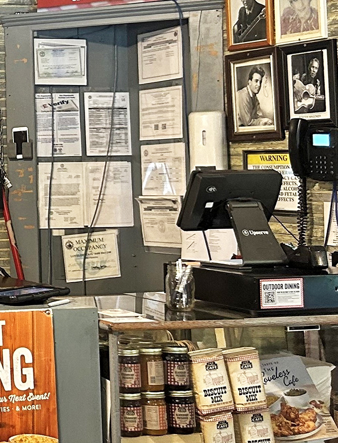 Where culinary magic happens: the counter adorned with jars of preserves and biscuit mix for those brave enough to attempt recreation at home.