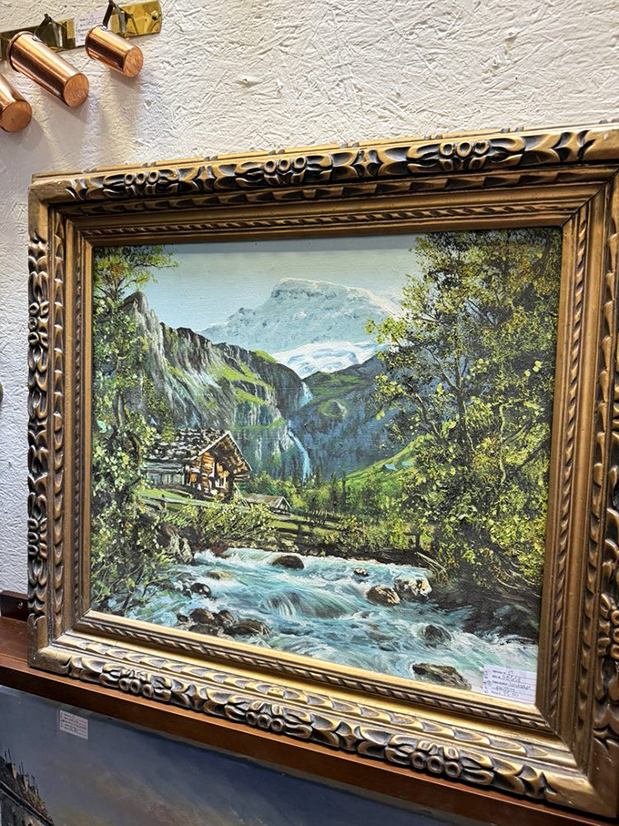 Mountain landscapes in ornate frames&mdash;the kind of painting that hung in your grandparents' living room, now considered retro chic.