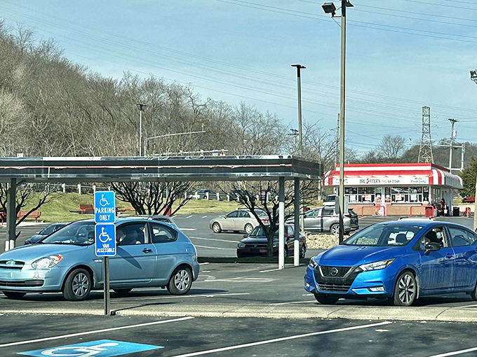 Classic cars gather under Jerry's canopy like old friends at a reunion, creating automotive eye candy alongside culinary treats.