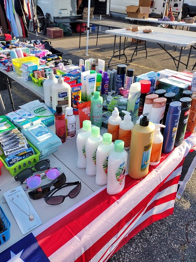 The beauty aisle of Peddlers &ndash; where half-used shampoo bottles and sunglasses create an oddly compelling still life of American consumerism.