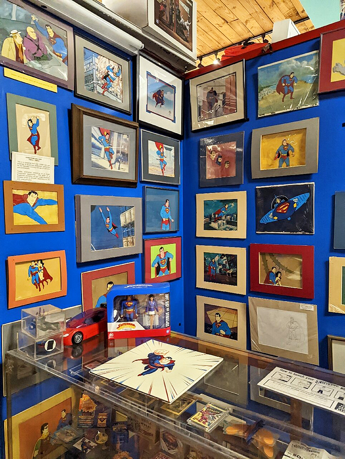 This vibrant wall of Superman imagery chronicles the hero's visual evolution from his earliest comic appearances through modern interpretations.
