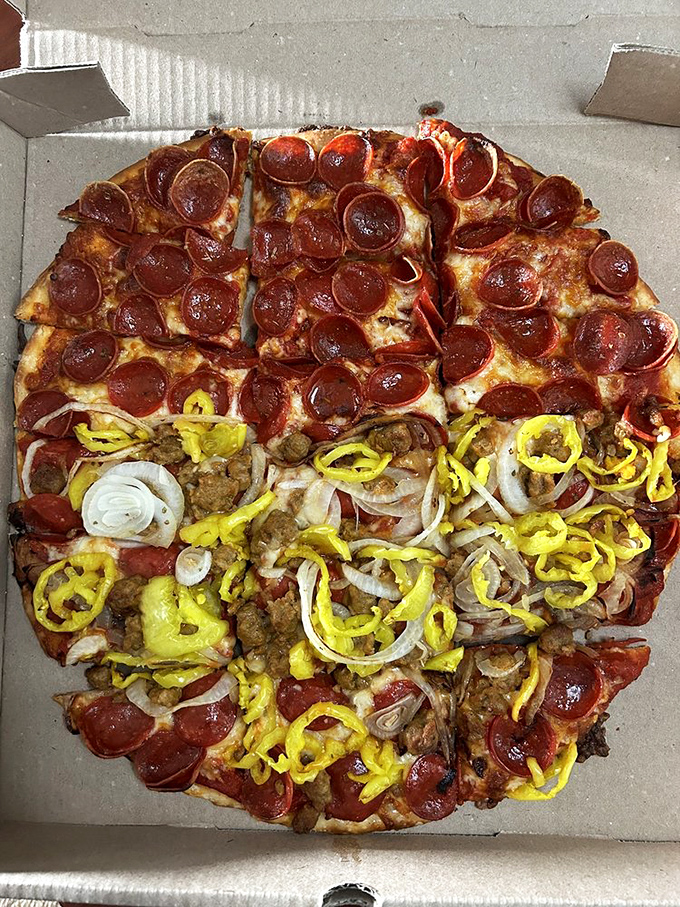 Half pepperoni, half "the works" &ndash; this pizza doesn't believe in making you choose between your cravings. The Switzerland of pizzas, bringing peace to dinner tables.