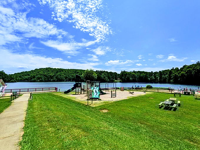 Playground with a view that makes adults jealous. Swings and slides strategically positioned for maximum "can we stay longer?" pleas from the kids.