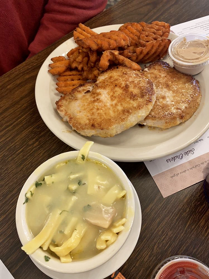 Crab cakes and noodle soup - proof that Amish cuisine extends beyond the expected. That broth looks like liquid gold.