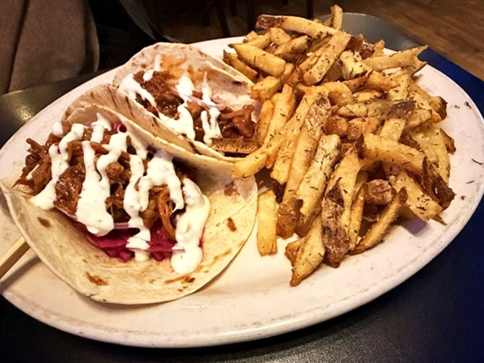 Tacos that don't need a passport to deliver authentic flavor. Those fries look like they've been working out&mdash;crispy, golden, and ready for action.