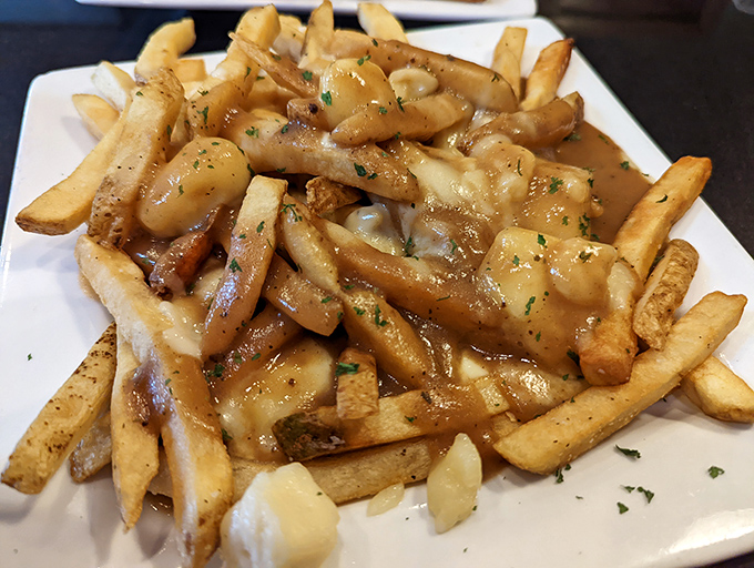 Fries that got dressed up for a fancy night out. That gravy-cheese combination is what happens when comfort food goes to finishing school.