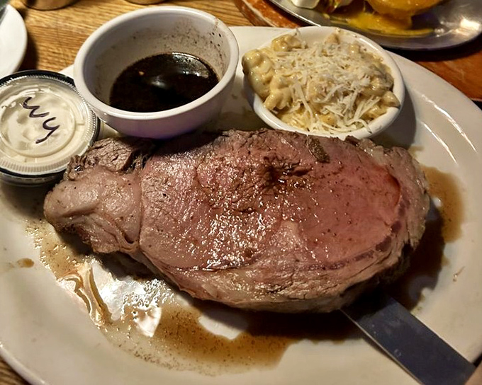 Prime rib sitting pretty with its pasta sidekick, like Sinatra with a really delicious backup singer.