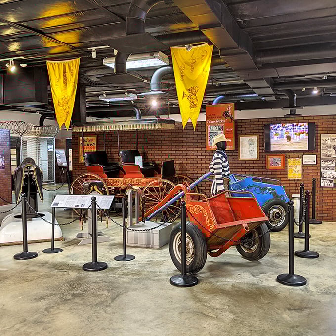 The Texas Prison Rodeo exhibit features colorful carts and striped uniforms, showcasing a unique tradition that once drew thousands of spectators.
