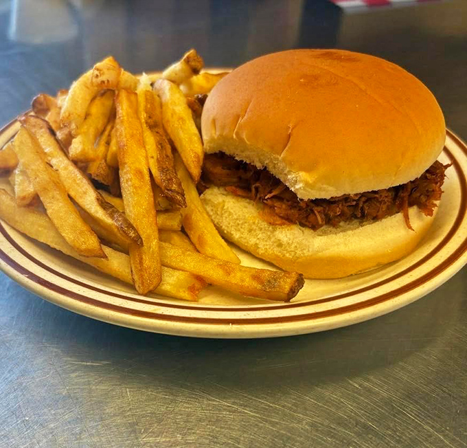 The pulled pork sandwich that makes vegetarians question their life choices. Tender, saucy meat on a pillowy bun with golden fries&mdash;comfort food that speaks directly to your soul.