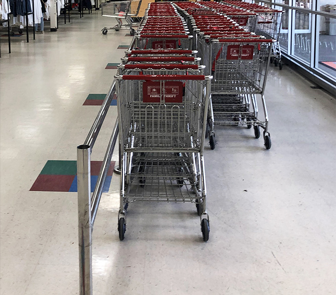 The shopping cart brigade stands at attention, each awaiting its mission to carry someone's newfound treasures through this vast retail wilderness.