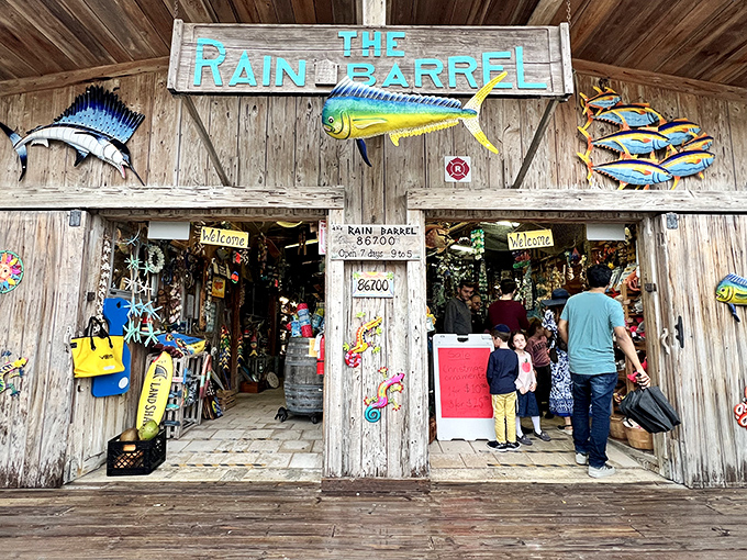 Step inside the Rain Barrel shops and you're greeted by colorful marine-themed art. No lobster bibs required, but they wouldn't be out of place.