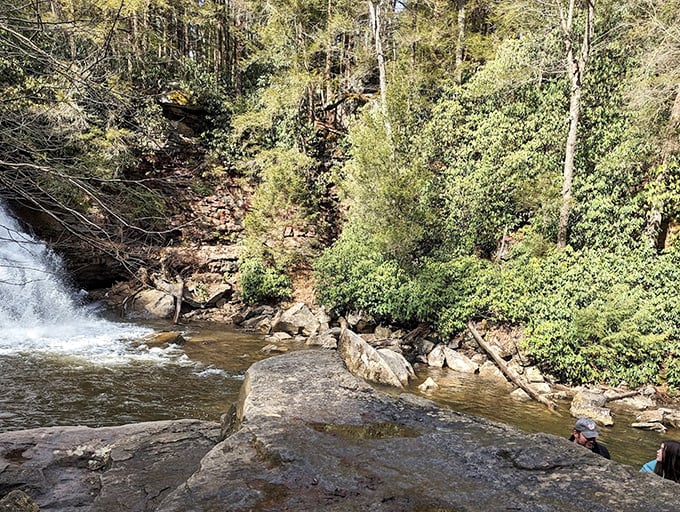 Ancient rock shelves create natural staircases for water to dance down, each step polished smooth by centuries of persistent flow.