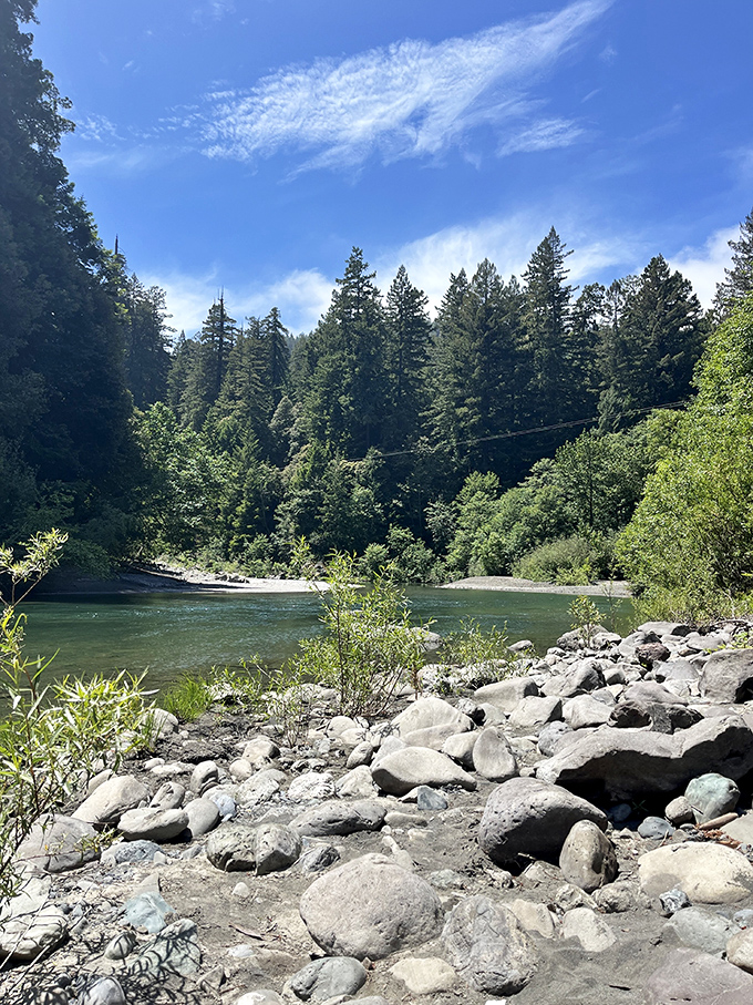 The rocky shoreline tells geological stories spanning eons, with each smooth stone representing a chapter in Earth's autobiography.