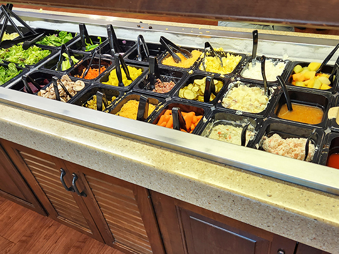 A salad bar that proves vegetables can be exciting when they're fresh, colorful, and surrounded by enough toppings to build your dream salad.