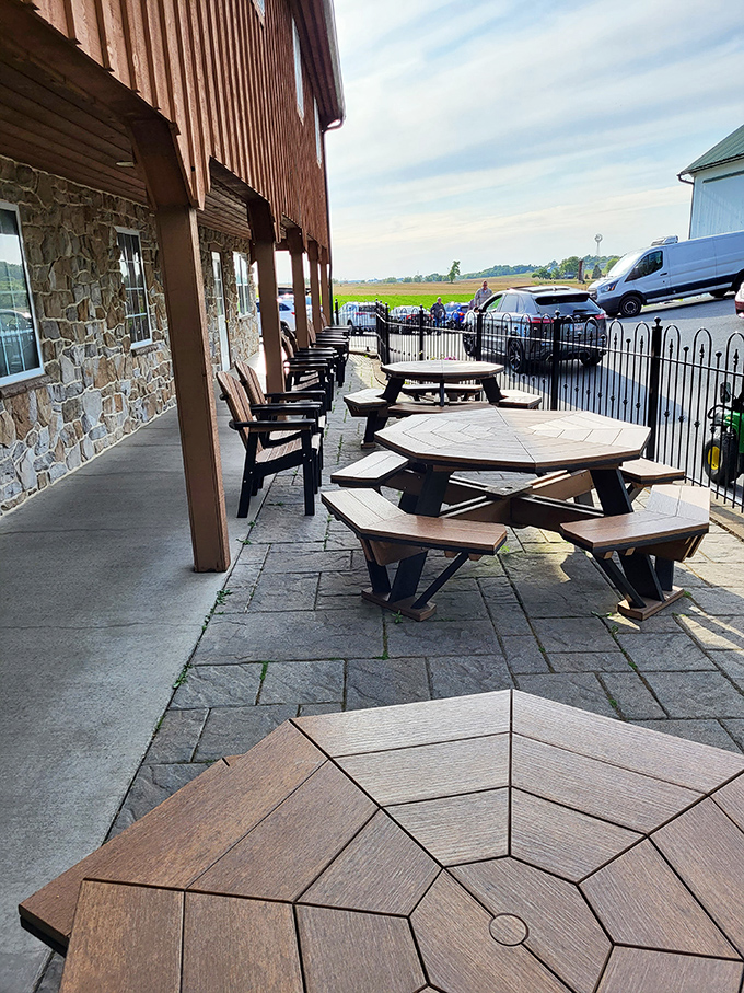 Outdoor seating with a view of Pennsylvania farmland&mdash;where every wooden bench has hosted countless ice cream epiphanies.