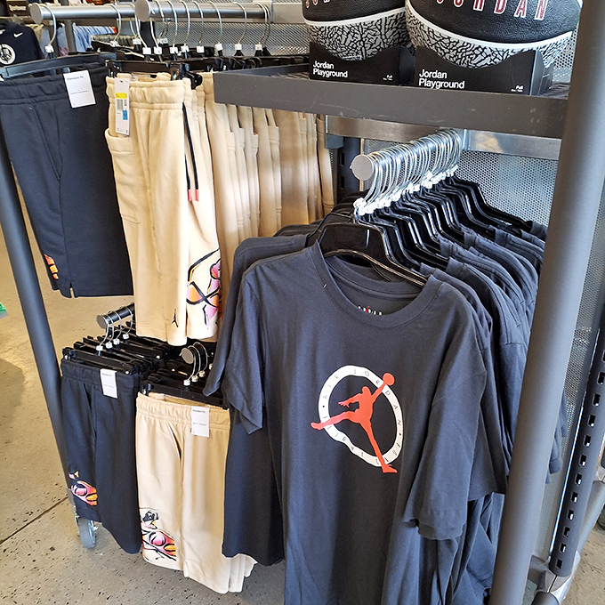 Jordan apparel displayed with the reverence usually reserved for sports hall of fame exhibits and championship trophies.