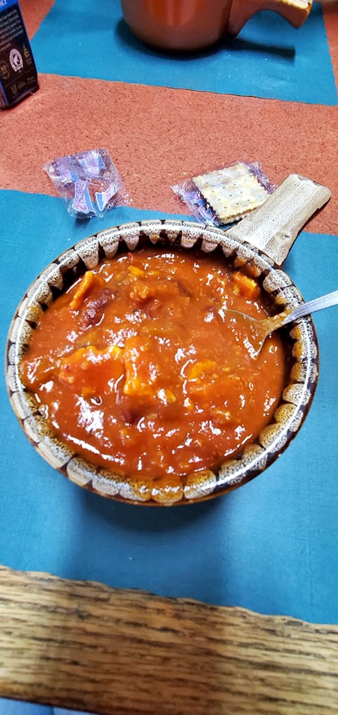 Chili that looks like it's been simmering since the Roosevelt administration—the first Roosevelt. Served in a bowl with character that matches its contents.