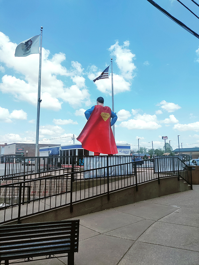 Superman's cape catches the breeze while the Illinois flag stands at attention&mdash;a perfect small-town tableau.