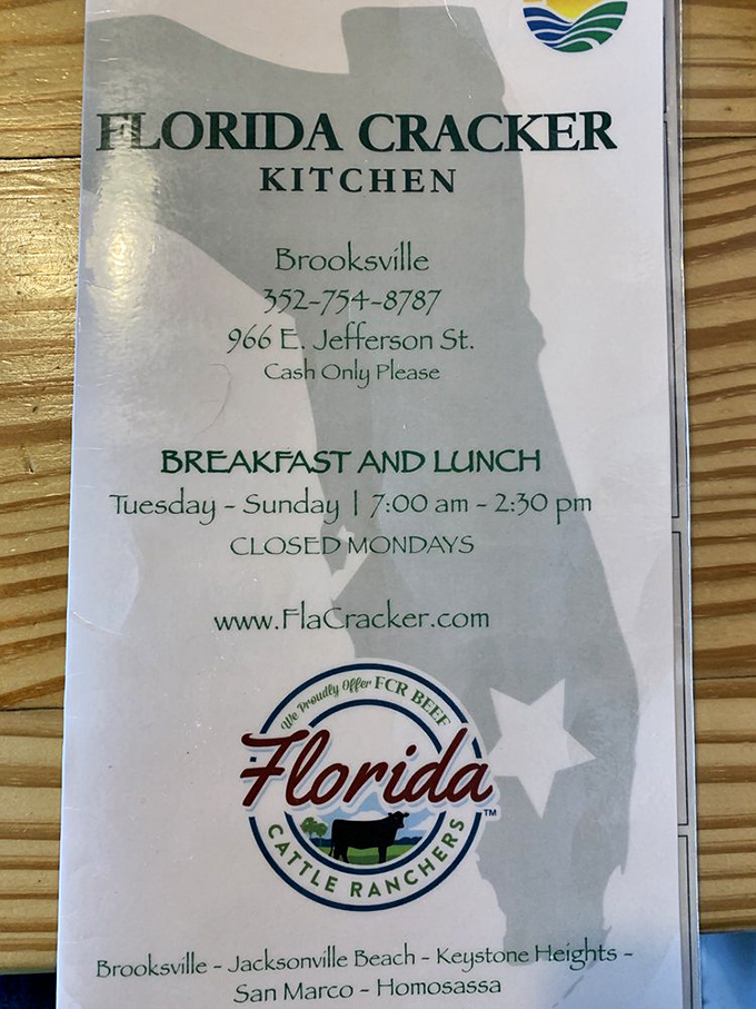 The details tell the story&mdash;cash only, closed Mondays, and proudly serving Florida beef. Some traditions are worth preserving exactly as they are.
