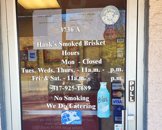 The door tells you everything you need to know: when to come, what to expect, and most importantly, that they cater. Plan your next party accordingly.