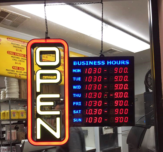 The neon "OPEN" sign&mdash;a modern-day North Star guiding hungry pilgrims to hot dog nirvana. Those hours are worth memorizing.