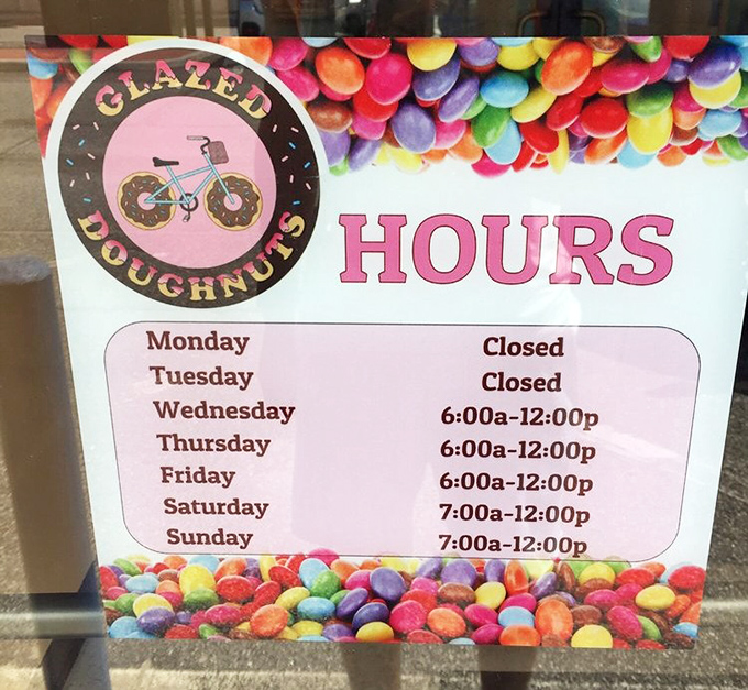 The hours sign featuring doughnuts as bicycle wheels is both adorable and strategic &ndash; you'll pedal here faster knowing they close at noon.