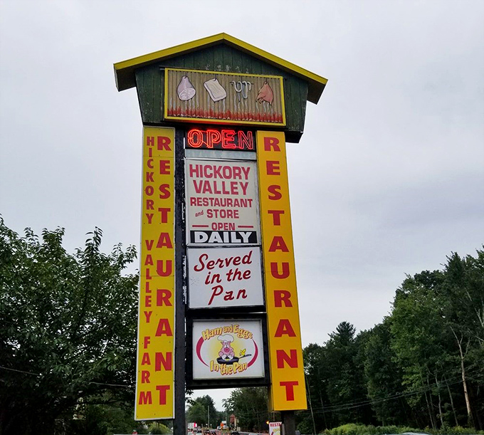 The roadside sign promises "Served in the Pan"&mdash;a declaration of authenticity that's been drawing hungry travelers for generations.