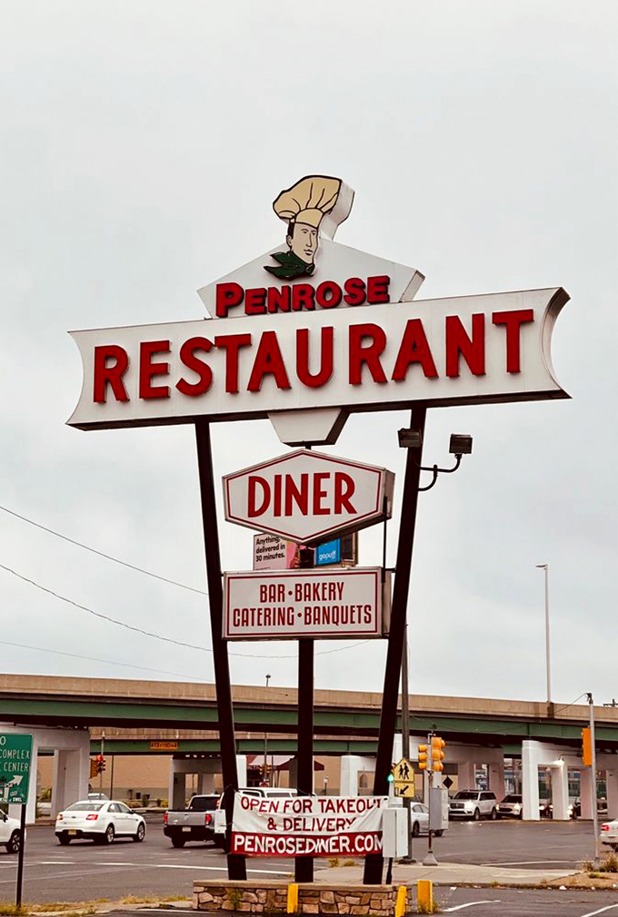 The beacon of breakfast! Penrose's iconic signage has guided hungry Philadelphians through night and day, promising everything from diner classics to bakery treats.