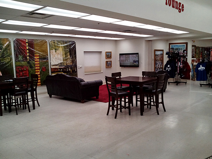 The lounge's second angle reveals the genius behind the space&mdash;a comfortable oasis where relationships survive the "just five more minutes" of antiquing.