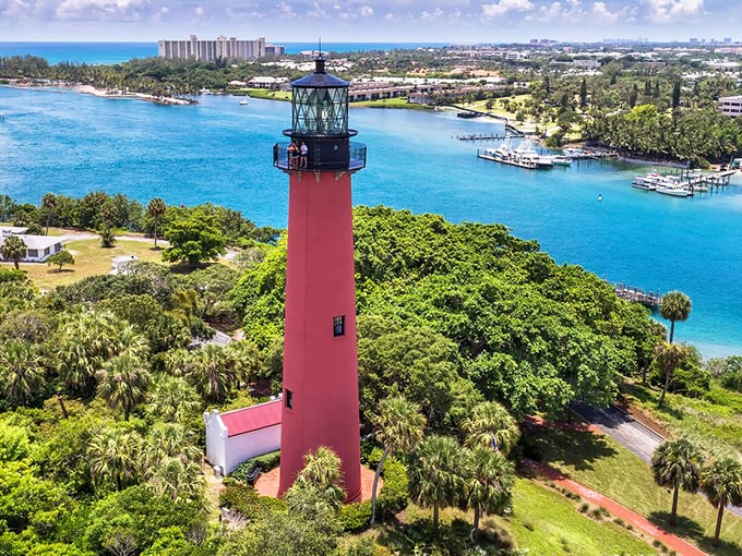 From above, the lighthouse reveals its true setting&mdash;a lush island sanctuary where the Loxahatchee River embraces the Atlantic in a watery tango.